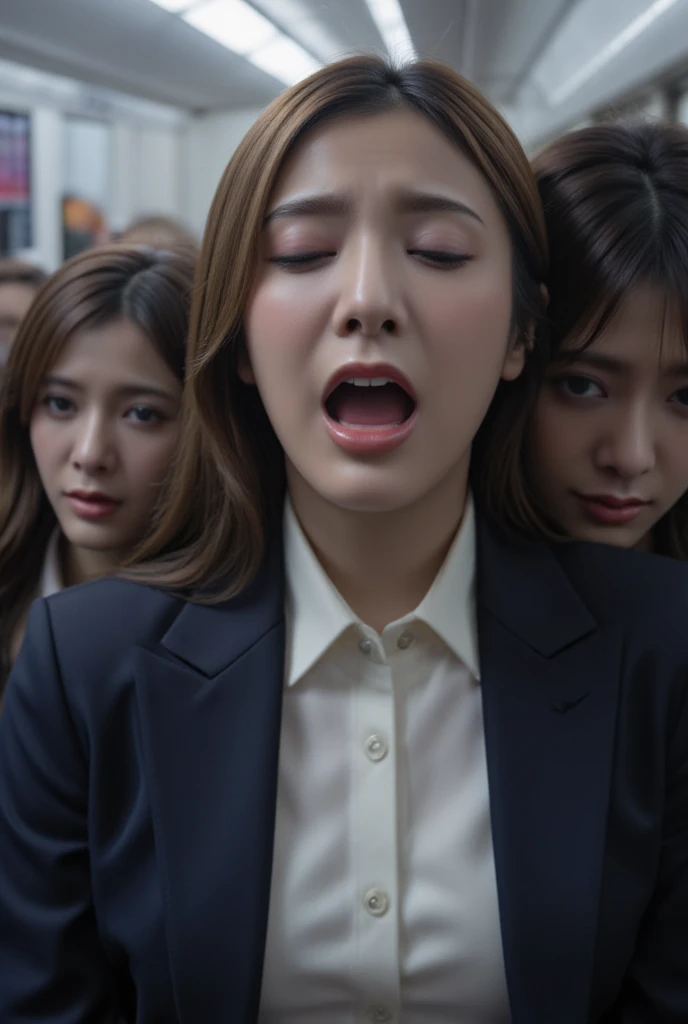 beautiful brown-haired woman closing her eyes and shouting - SeaArt AI