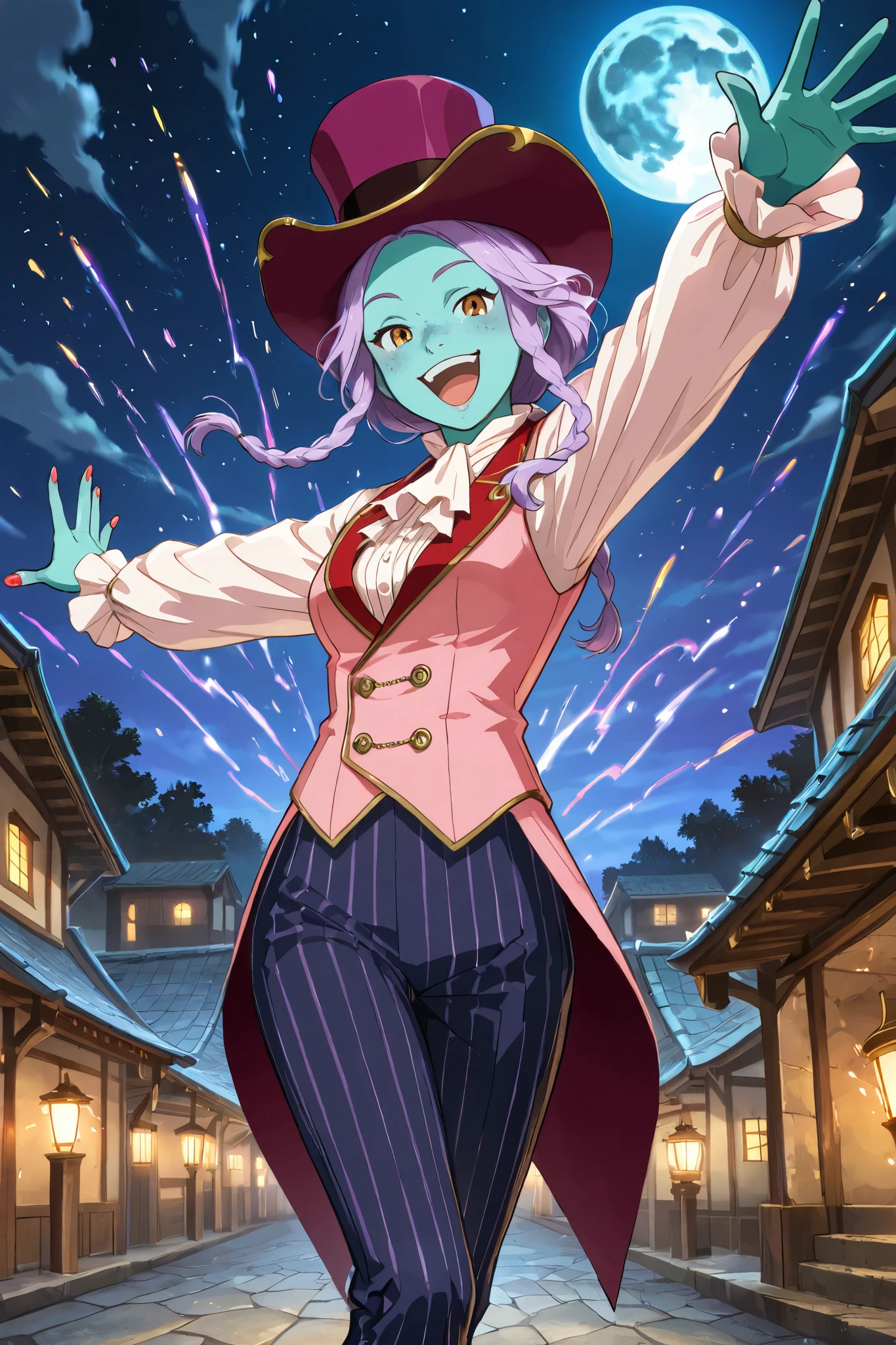 Anime character dressed in a purple hat and purple pants with a purple ...