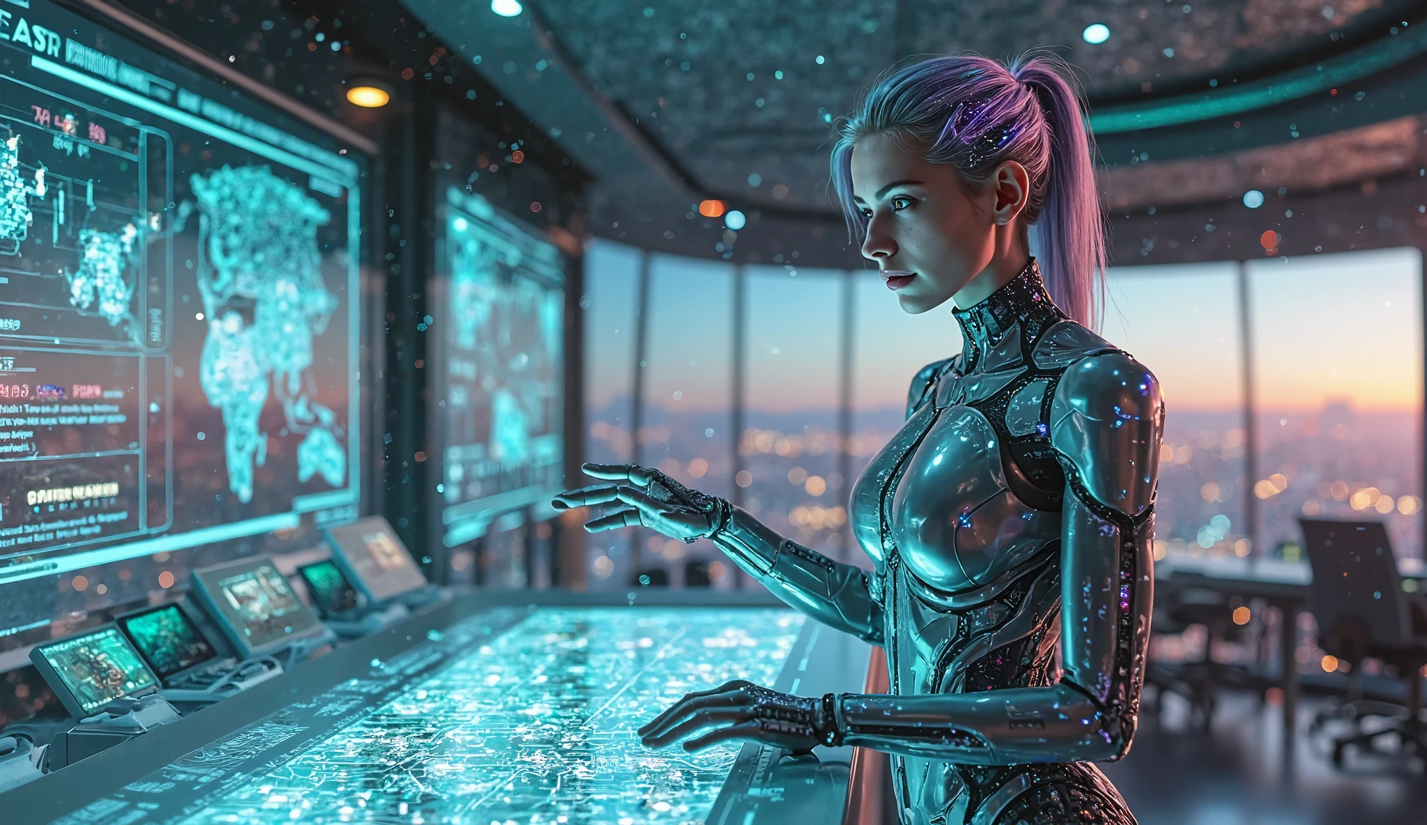 Futuristic woman in futuristic suit using a computer in a futuristic ...