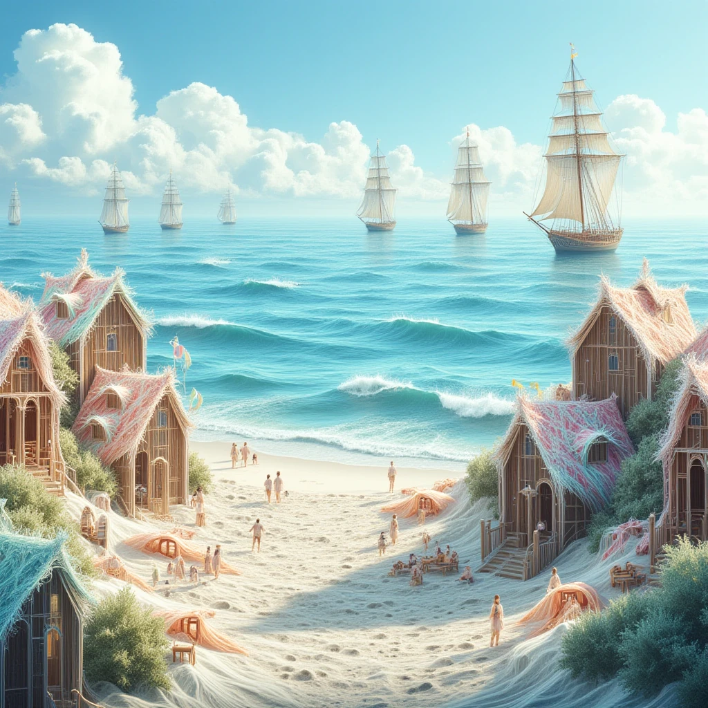 Beach scene ,sailing ships holiday homes made of textile and silk ...