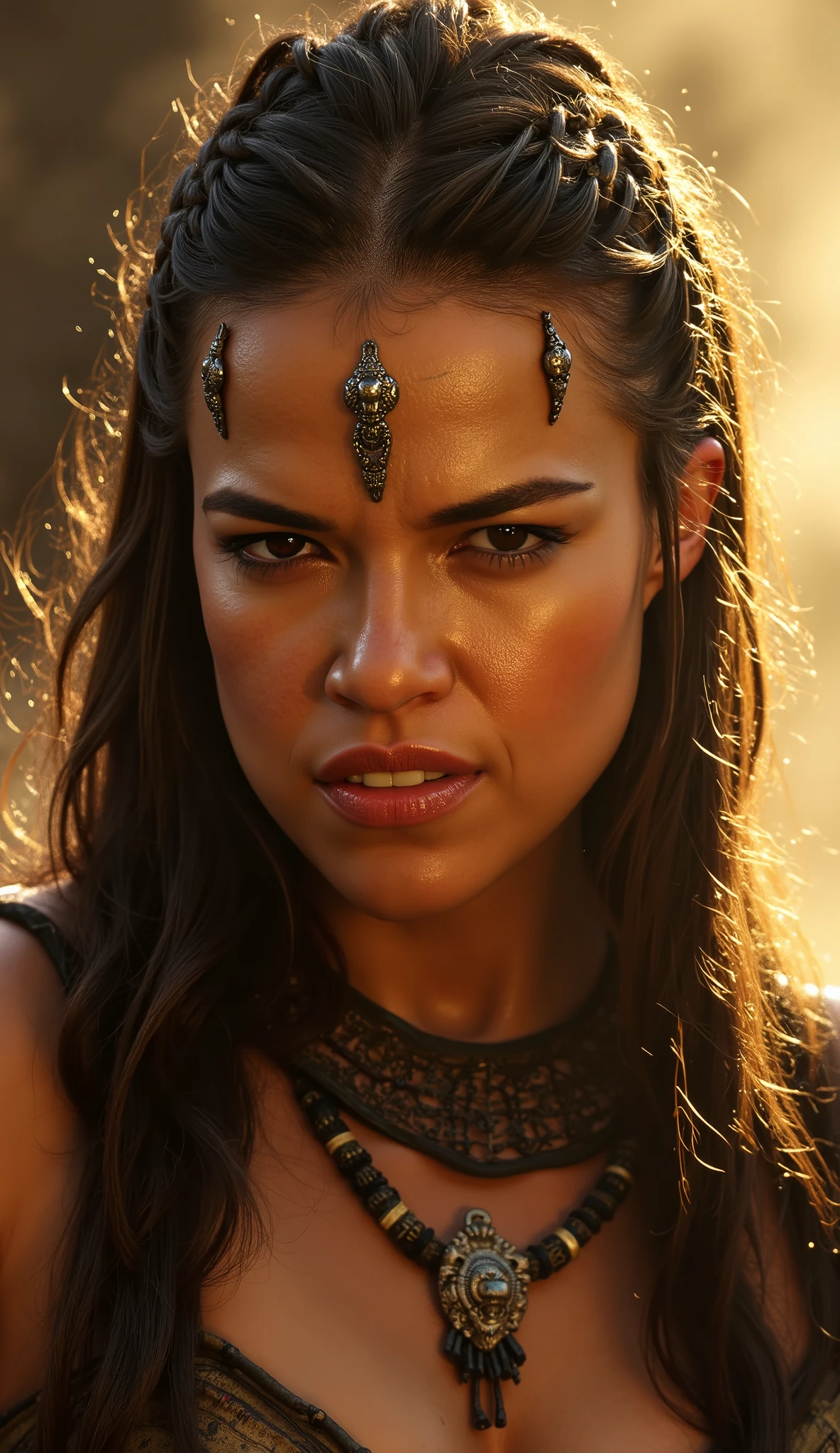 A close up of a woman with a necklace and a necklace on her head ...