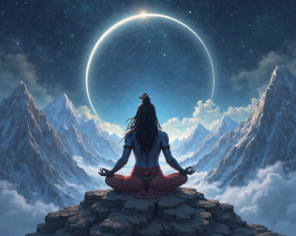 Shiva sit in space with mountains with moon - SeaArt AI