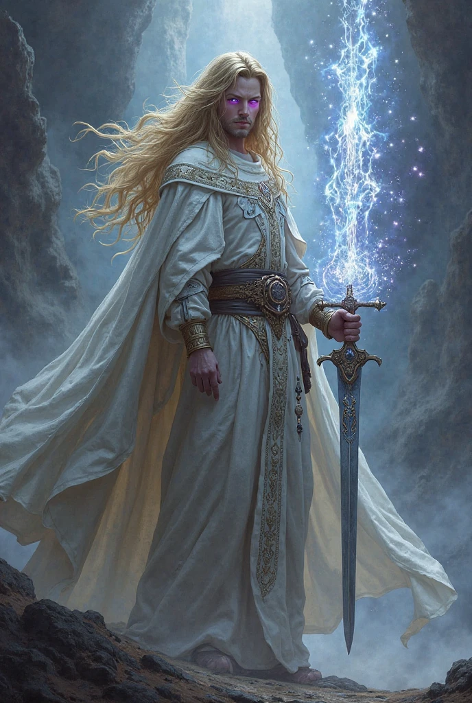 Cleric with golden hair and purple eyes, holding a long sword with a ...