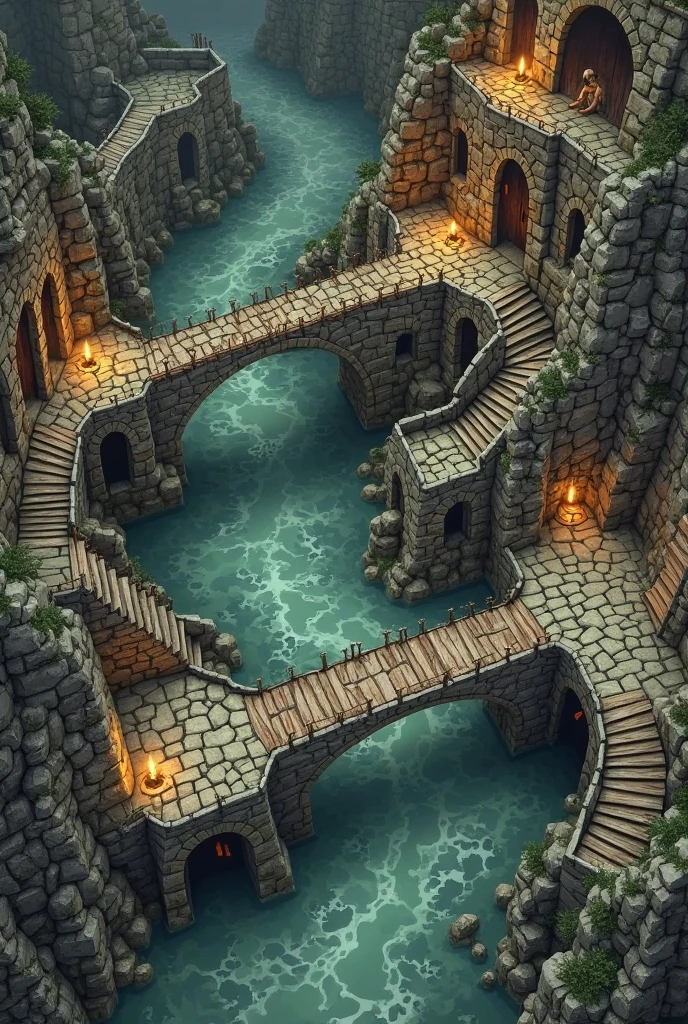 A detailed map of an underground dungeon with a system of dirty water ...