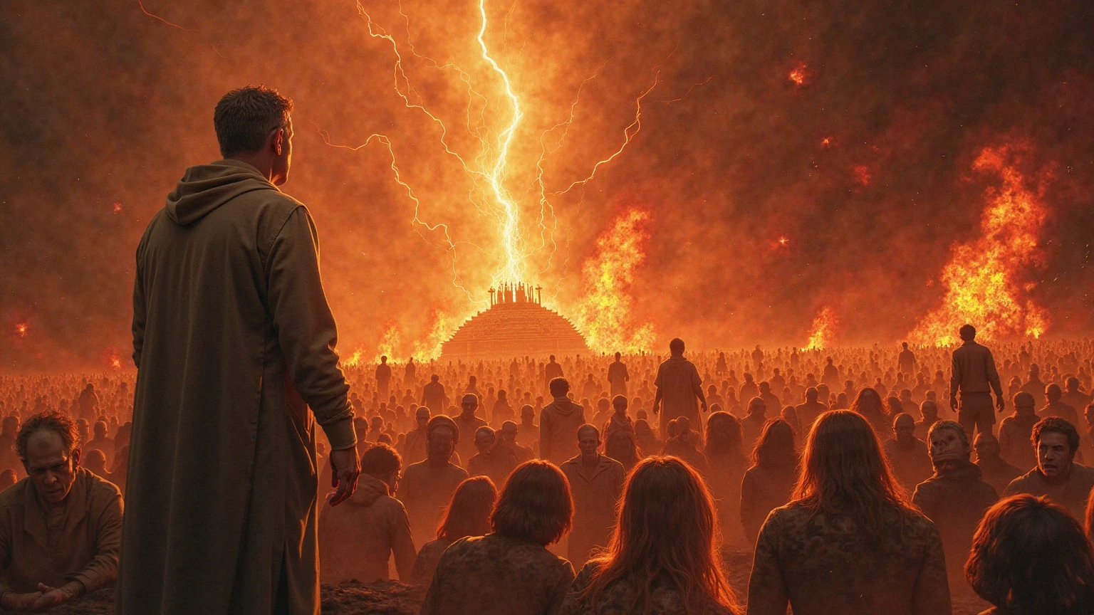 "A man stands frozen in horror, gazing into the abyss of hell - SeaArt AI