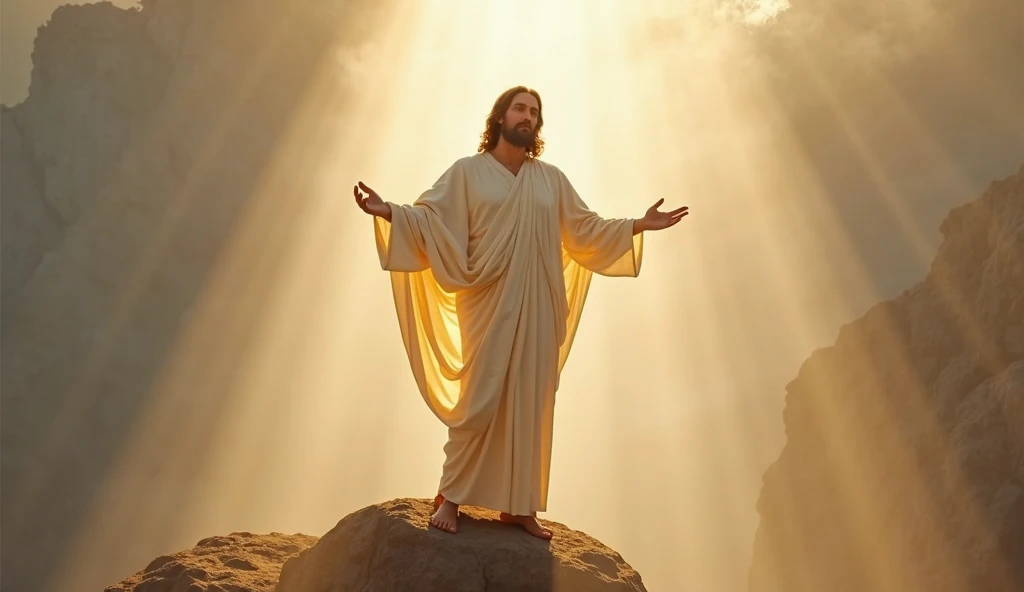 Jesus Christ stands on a rocky outcrop, bathed in a divine, ethereal ...