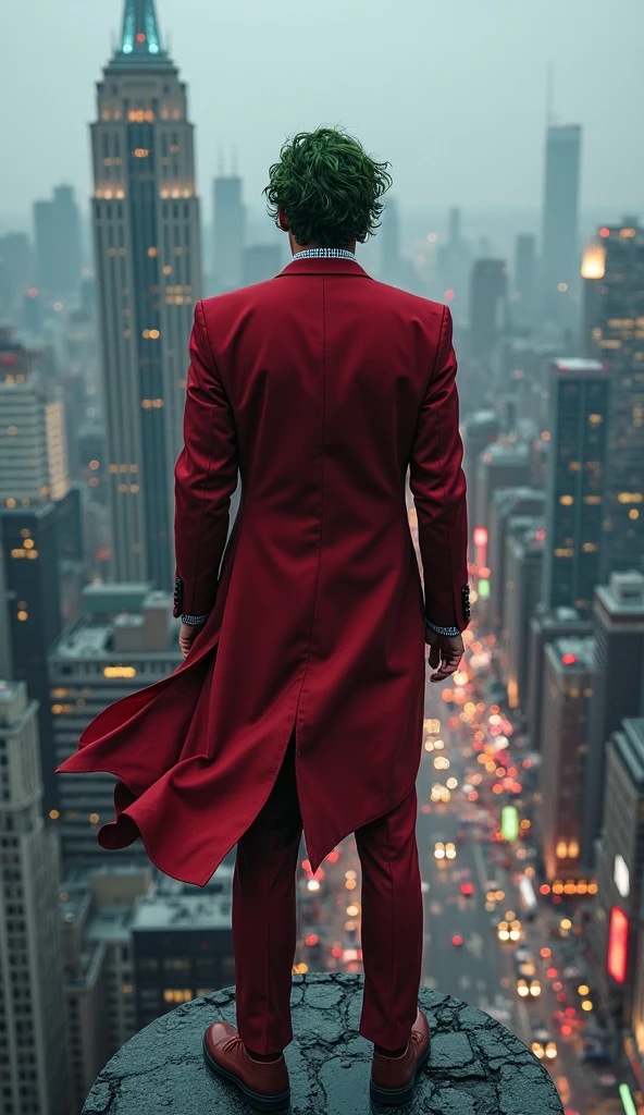 Make a photo of Joker wearing a red suit at the top of a building ro ...