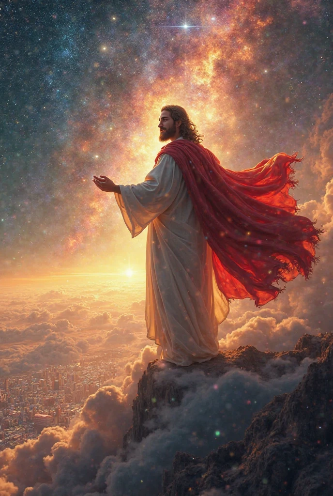 Create an image of Jesus Christ standing in space, with a brightly lit ...