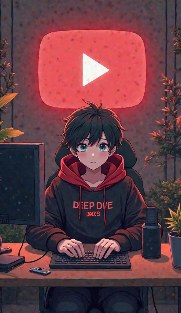 Create a image of A18 years anime boy sitting in front of a computer ...