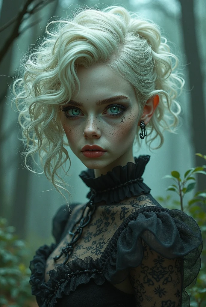 Age woman , yeux verts, icy blonde and curly hair, Tim Burton way in ...
