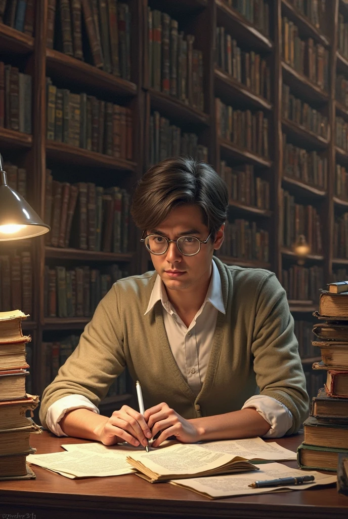 Design a 20th-century librarian researching in a library. - SeaArt AI