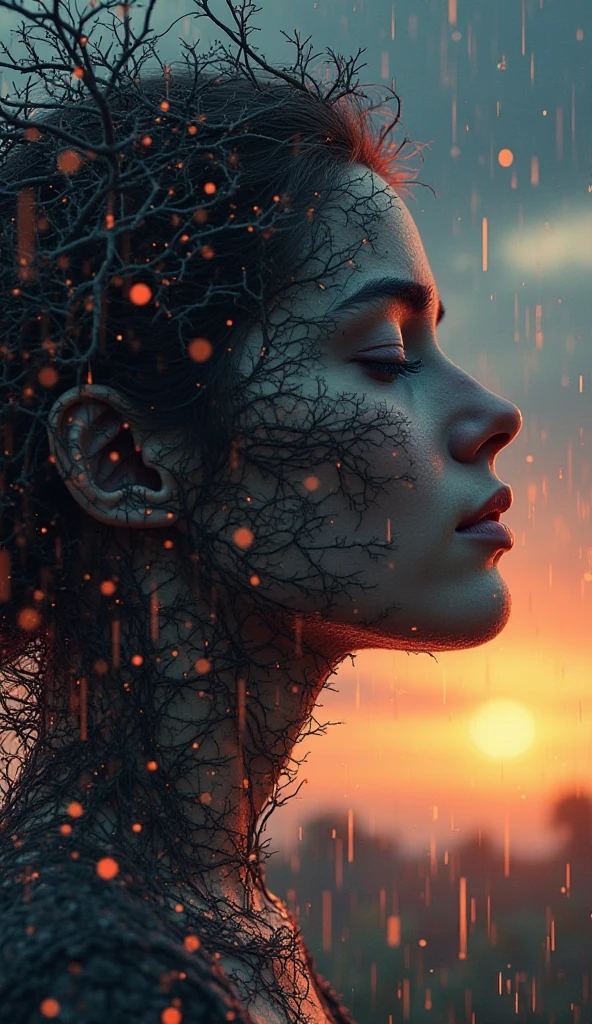 A digital illustration depicting a woman's face formed from thin tree ...