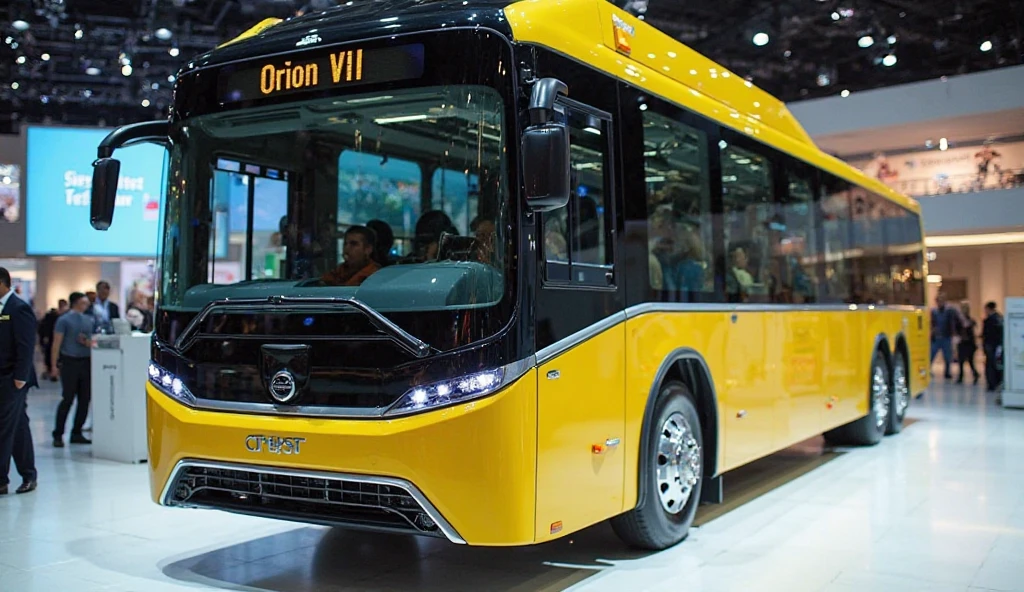 Orion vii bus front side yellow color at showroom view - SeaArt AI