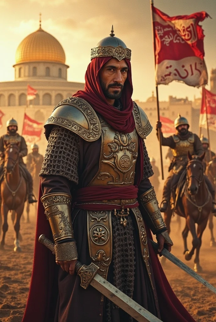 "written in a modern cinematic image depicting Sultan Salahuddin Ayyubi ...