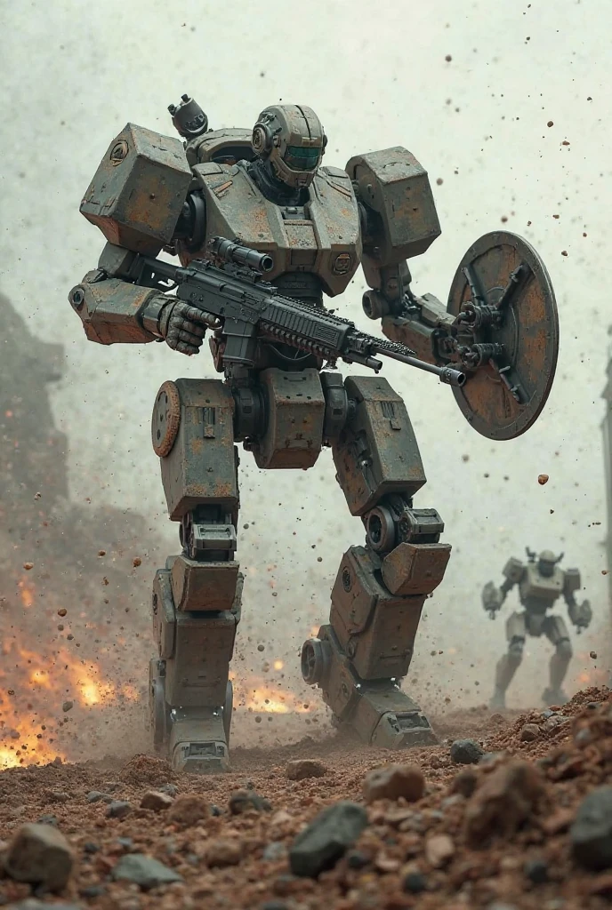 ミリタリー感、斜めの、 ロボット 、右手にライフル、左手に小さな盾を持つ、同じような ロボット と戦っている、戦場