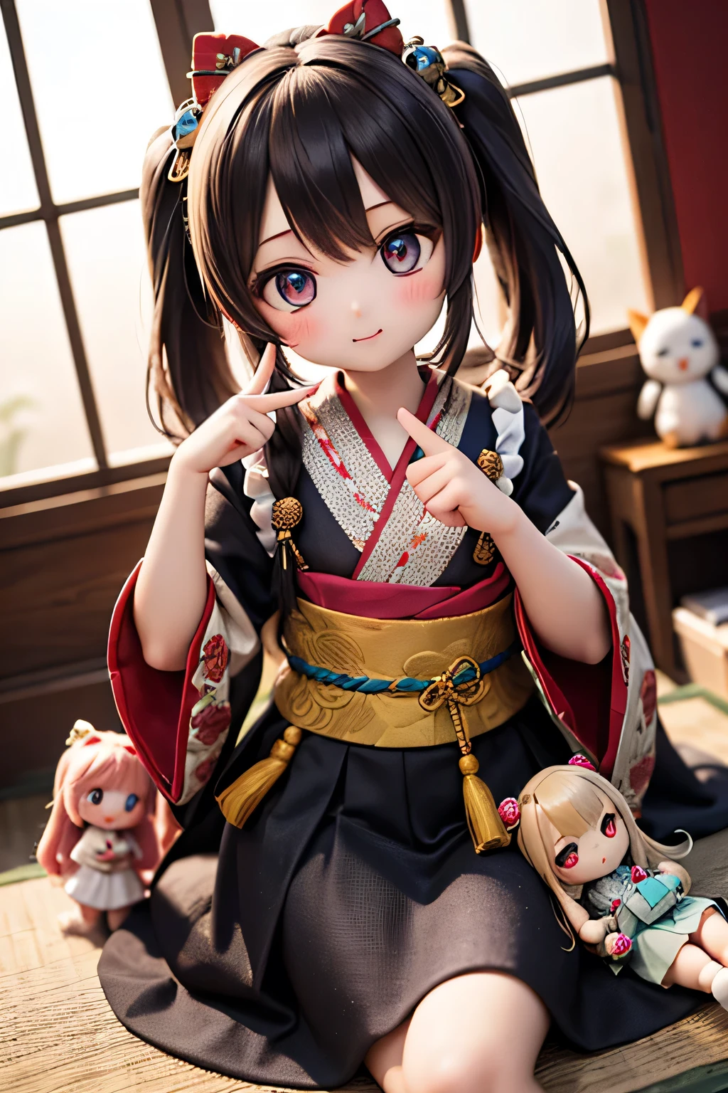 Anime - style girl with black hair and blue eyes sitting on a mat with ...