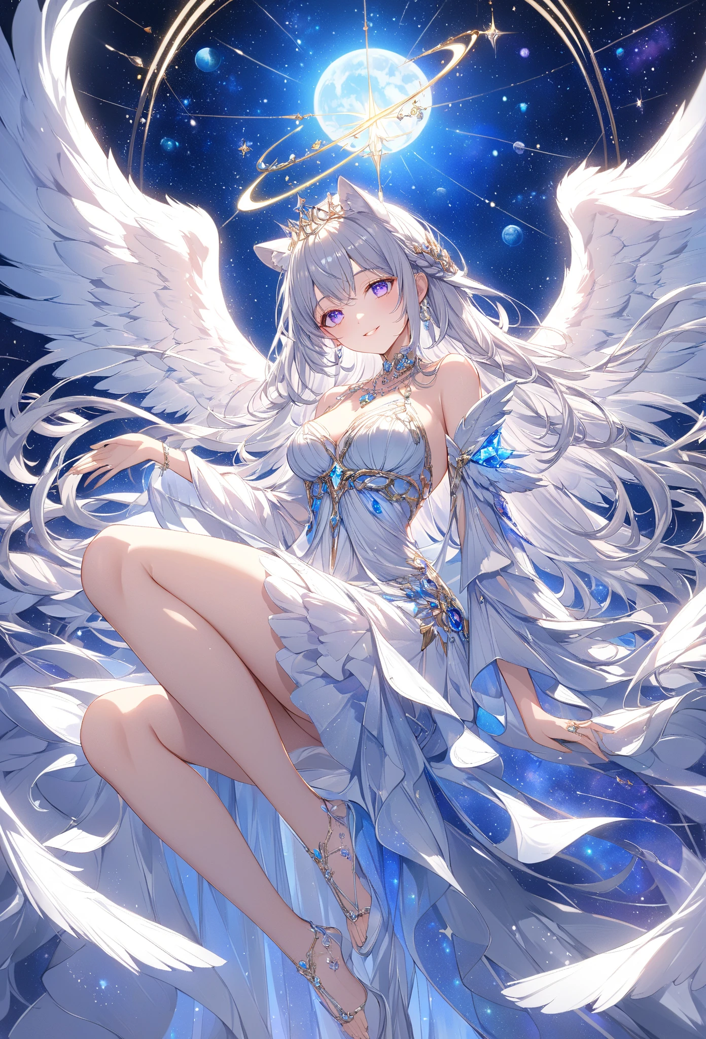 A celestial goddess with long, braided silver hair, smiling gracefully - SeaArt AI