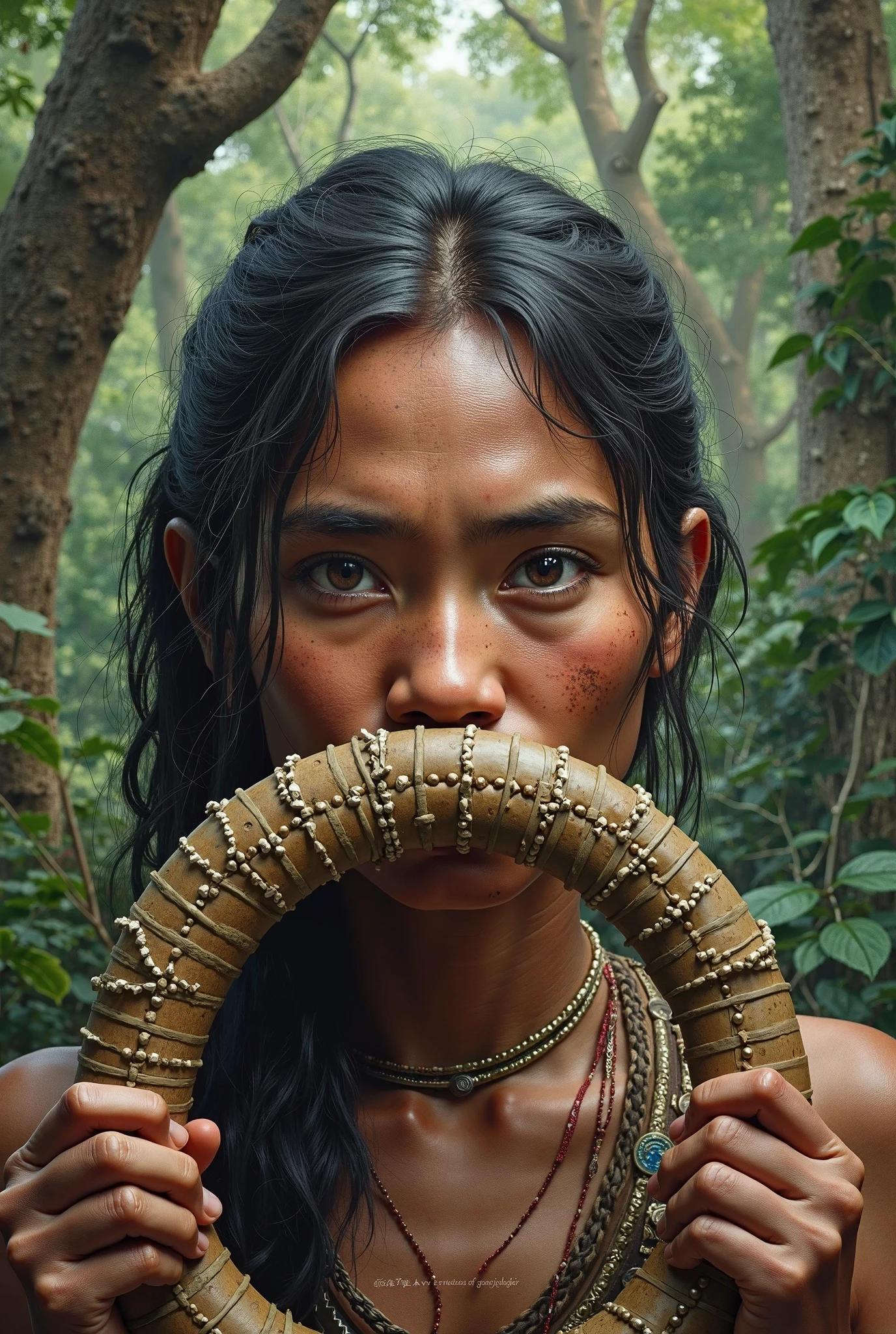 Arafed woman with a large horn in the forest - SeaArt AI