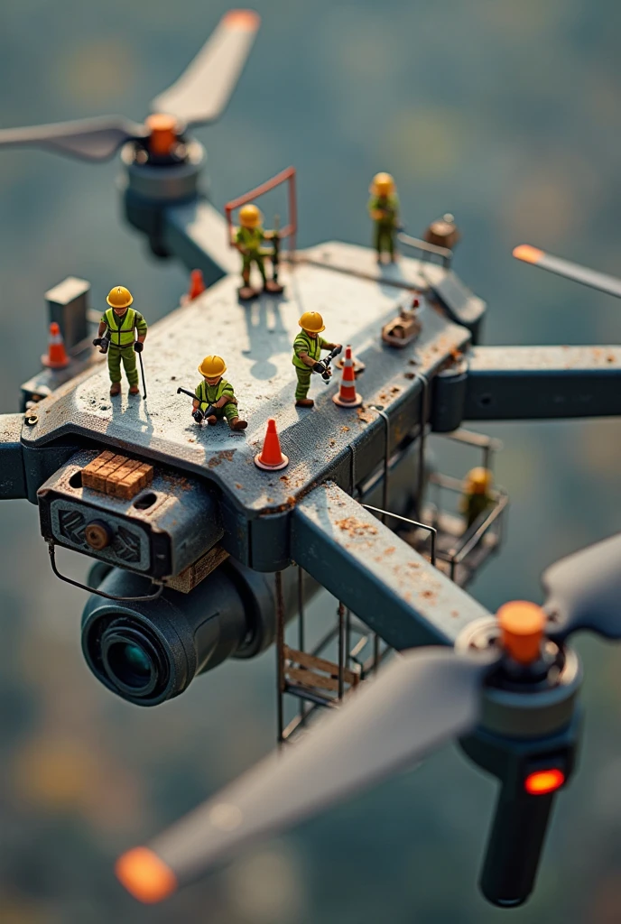 “A surreal macro-style photograph featuring a drone as a massive ...