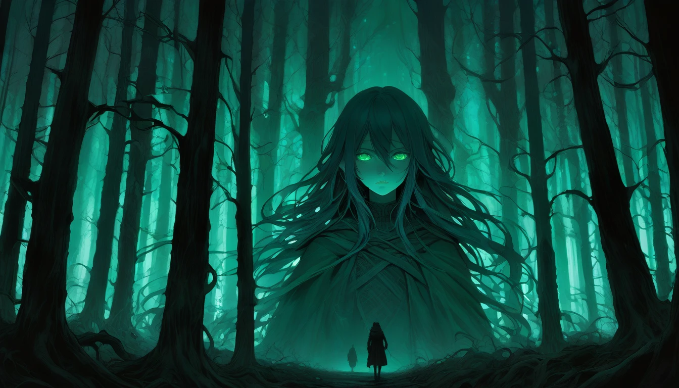 "A dark, cold forest at night, with thick, towering trees that stretch ...