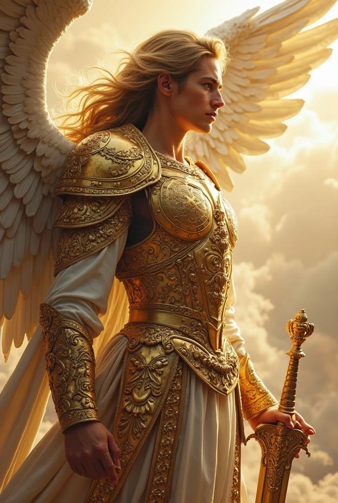 An imposing angel in a close and majestic frame. His face is extremely ...