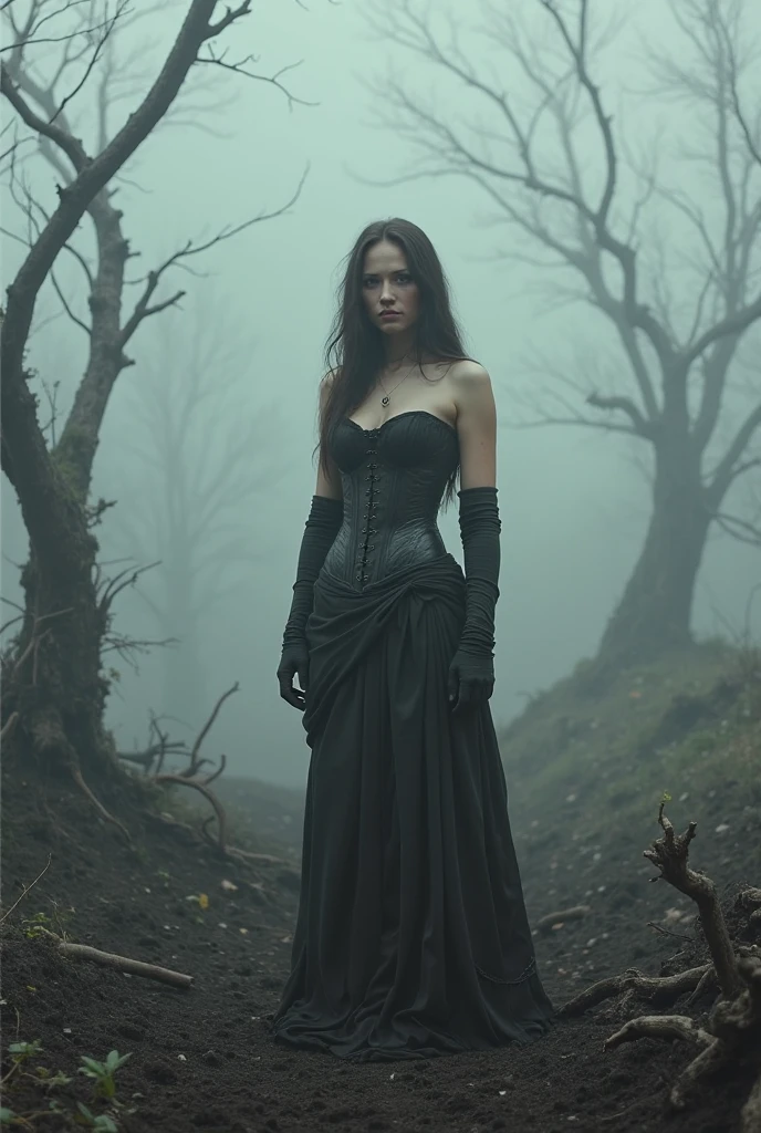 **In this ethereal scene, a solitary woman stands pensive in the midst ...