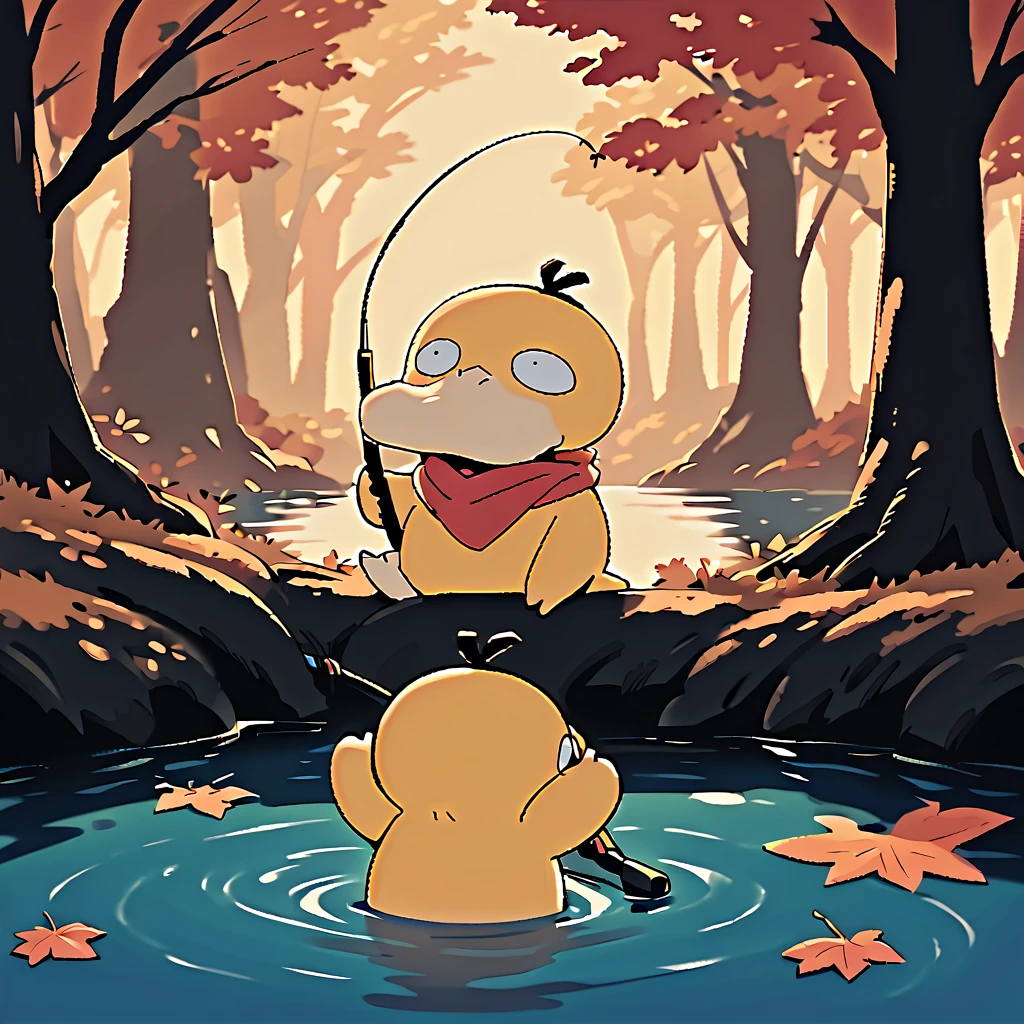 Flat-color-style, chibi, Psyduck, actively fishing, holding fishing rod ...