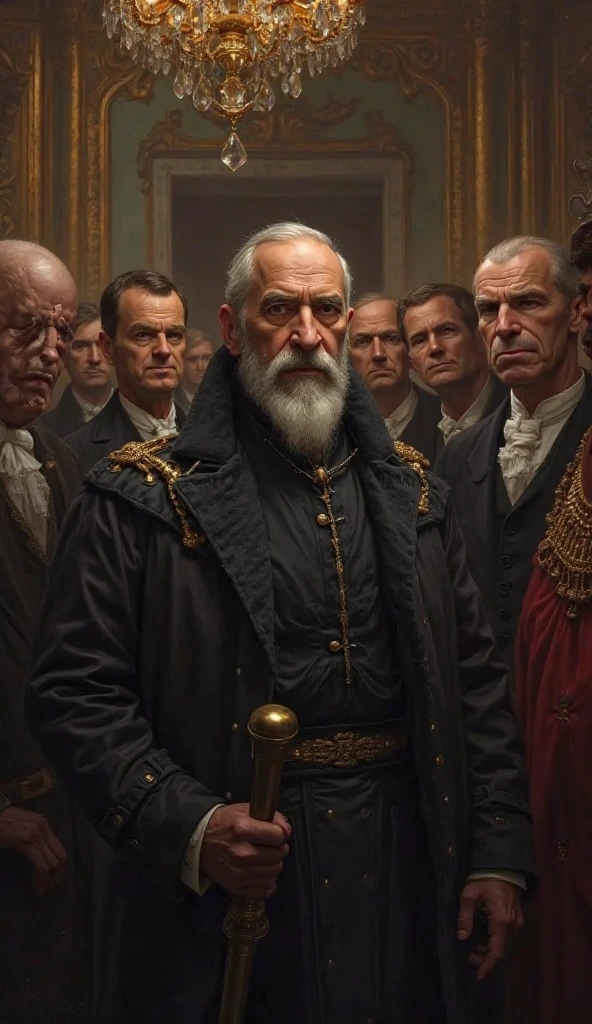 Gregory Rasputin surrounded by Russian nobles in a luxurious hall ...