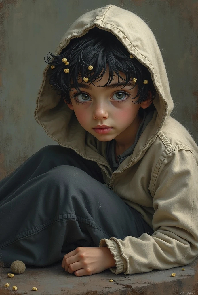 Boy with a hood and curlers lying with his back up looking to the right ...