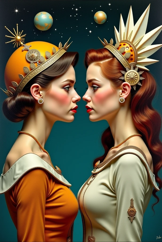 There is a painting depicting two women in spacesuits looking at each ...