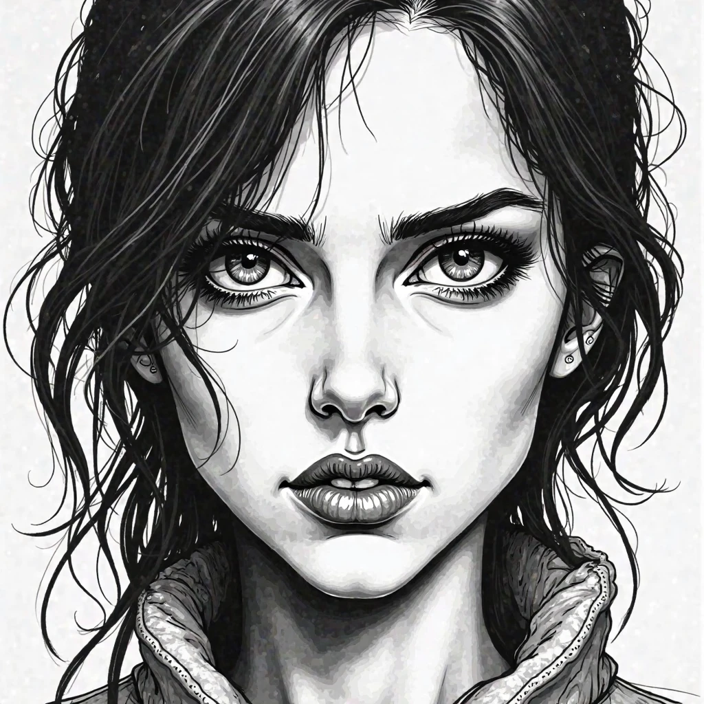 This is a black and white drawing of a woman with a suspicious look ...