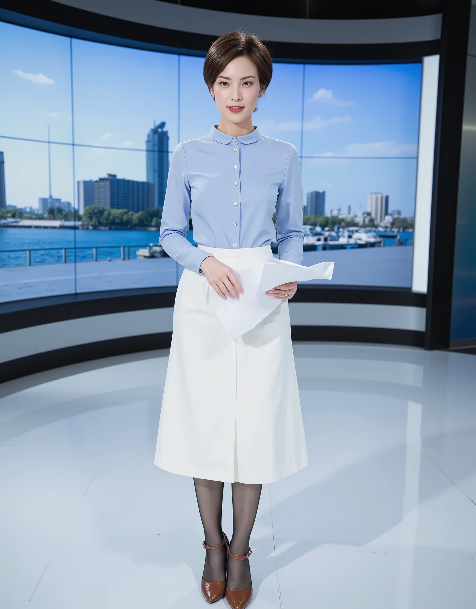 Arafed woman in a blue shirt and white skirt holding a piece of paper ...