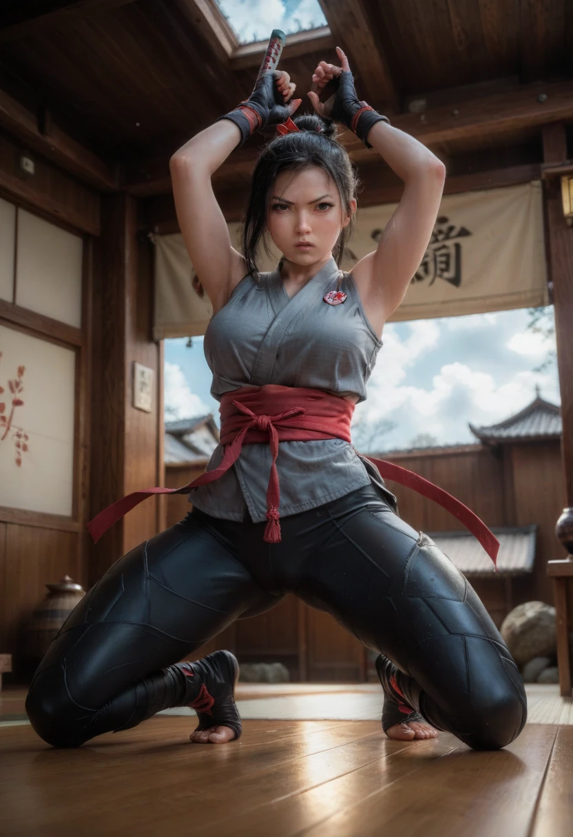 Nsfw, 1girl (ninja, samurai:1.2), big breasts, lower angle, from below - SeaArt AI