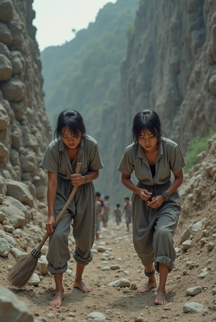 Create an image of some Vietnamese woman prisoners in worn-out grey ...