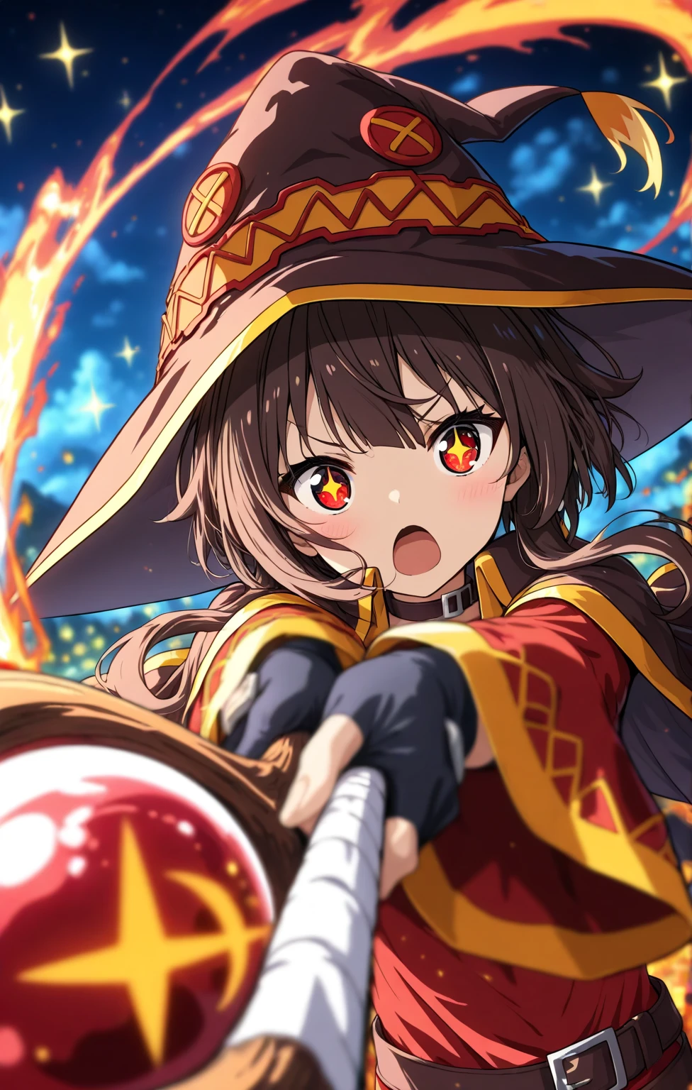 1girl,solo, megumin,dynamic pose, pointy hat,looking at viewer - SeaArt AI