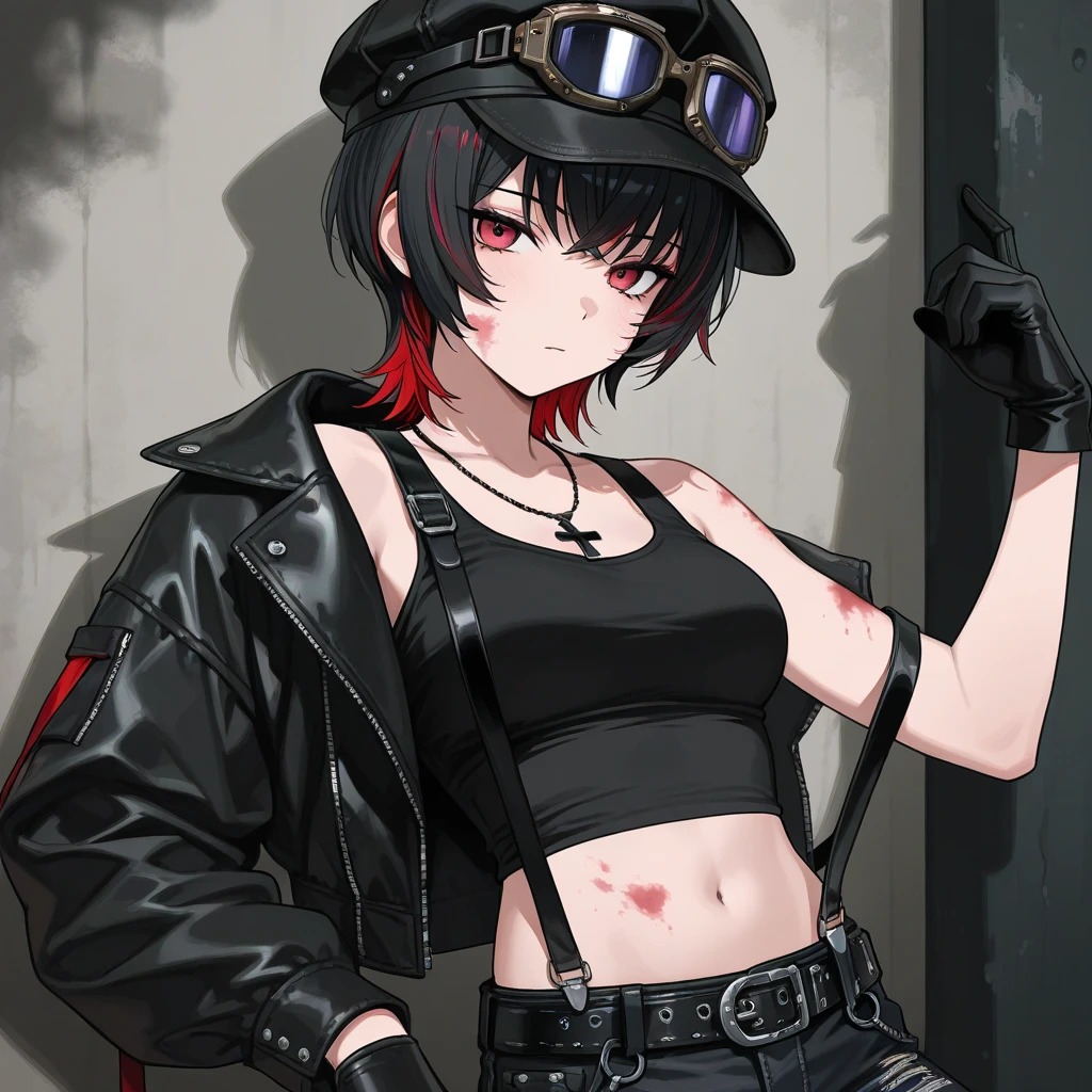 Black tank top midriff sleeveless, black gloves, black biker Straight ...