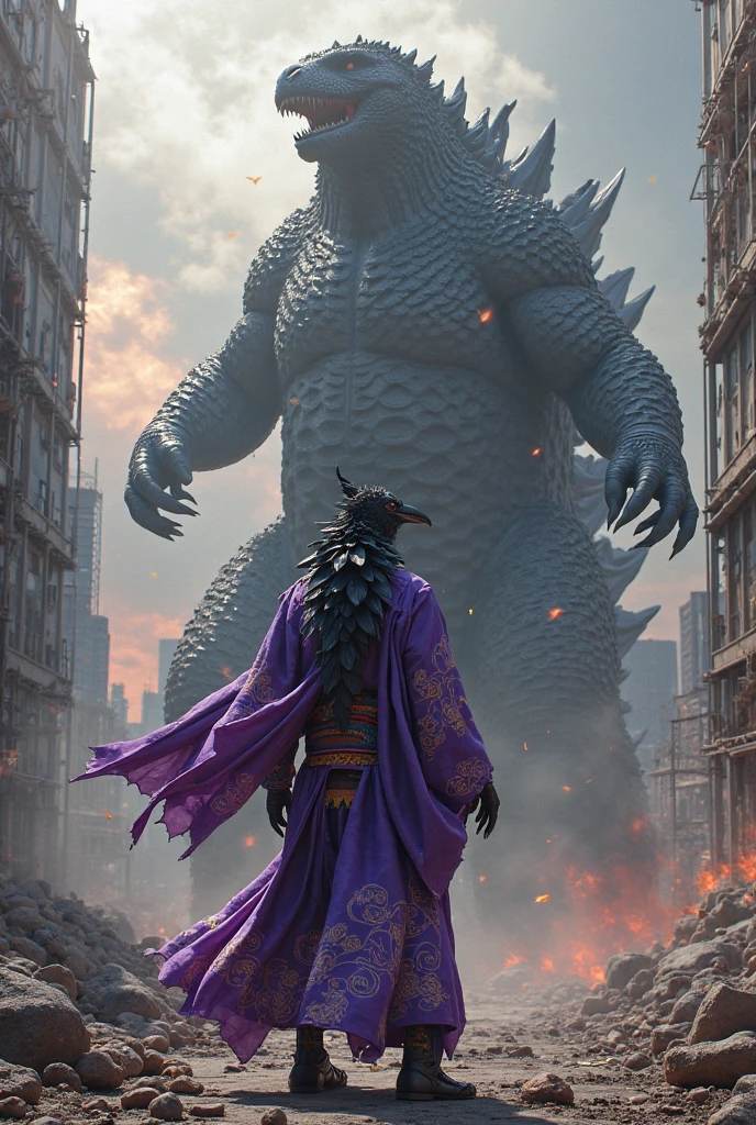 Make a imagem about a human Crow wearing a purple kimono fighting ...