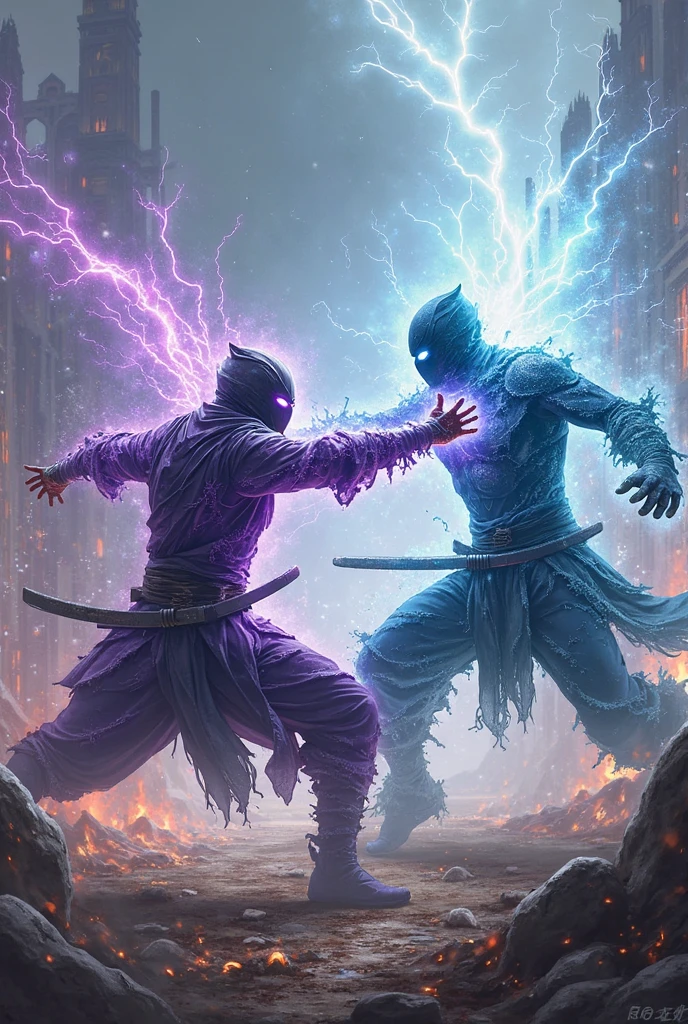 Purple ninja with water and lightning powers, fighting against blue ...
