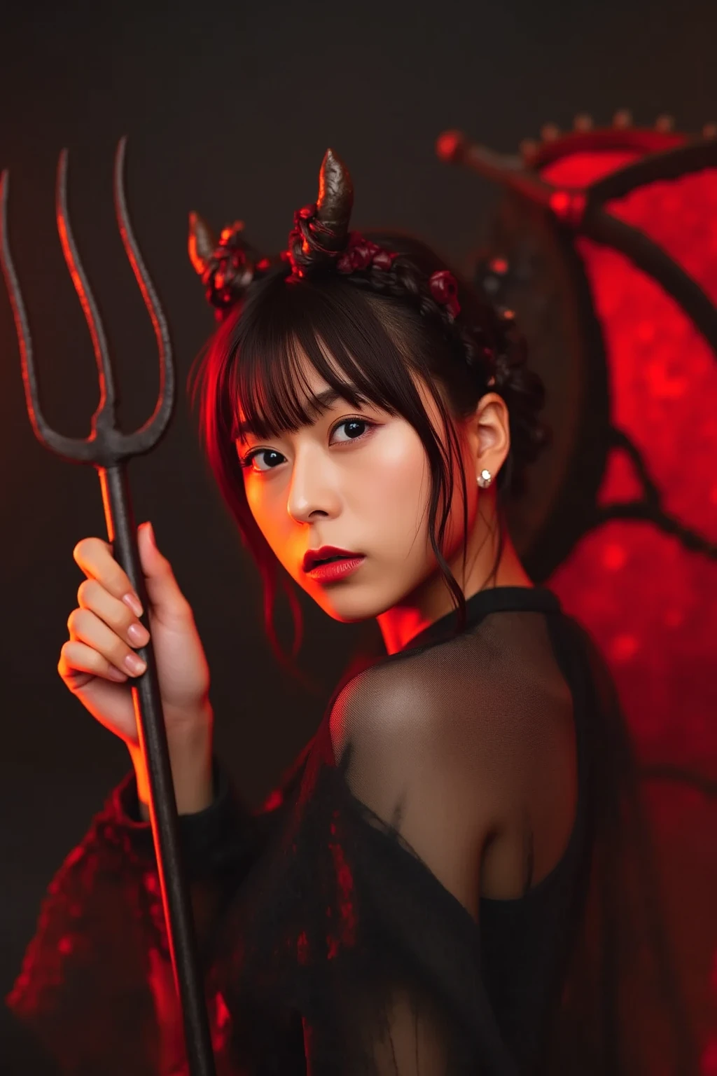 「A portrait of a Japanese woman dressed as a devil, with devil horns on ...