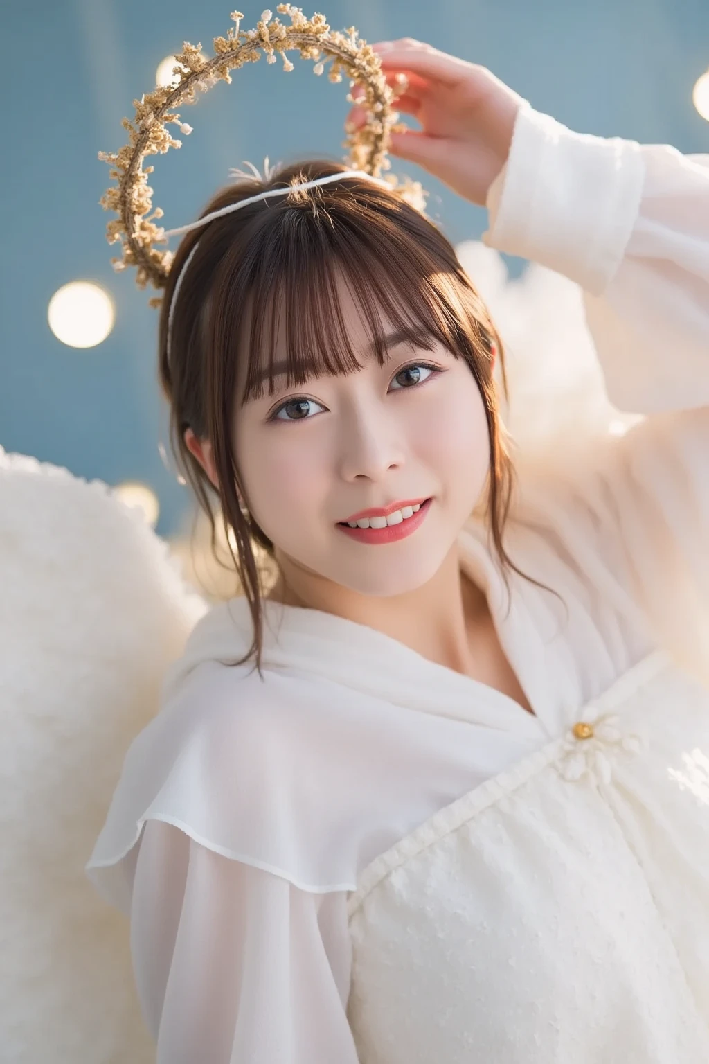 「Portrait of a Japanese woman cosplaying as an angel。she spreads white ...