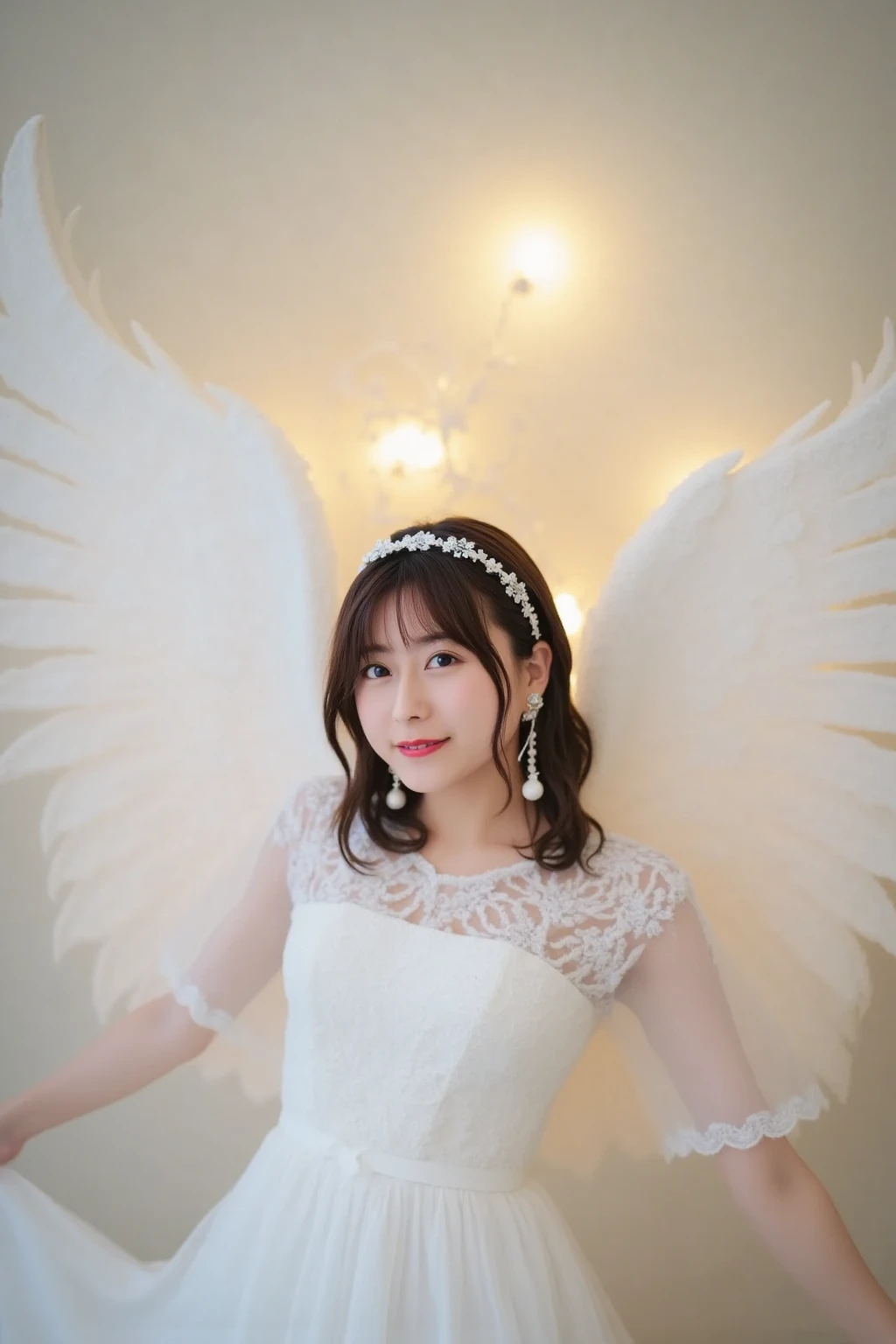 「Portrait of a Japanese woman cosplaying as an angel。she spreads white ...