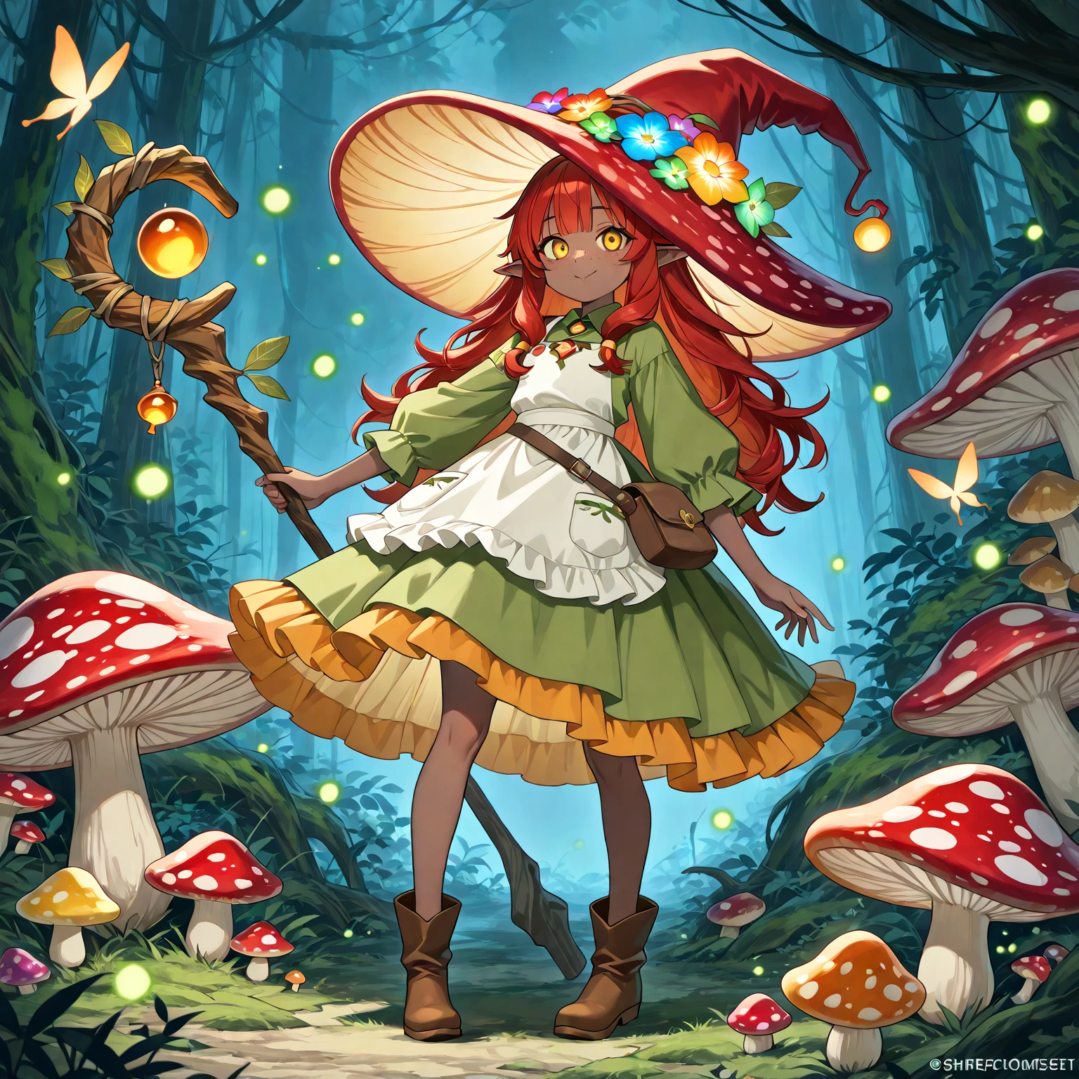 A Fungi Witch with tanned dark skin covered with freckles. Long pointy ...