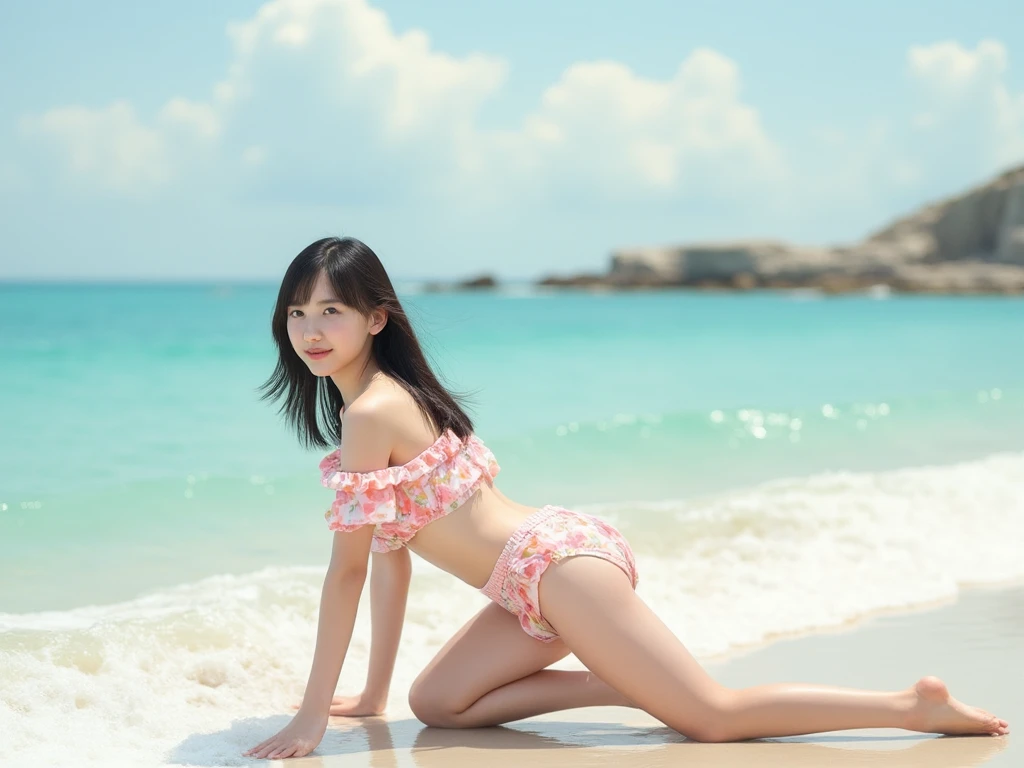 Pastel color off-shoulder bikini on-all-fours - SeaArt AI