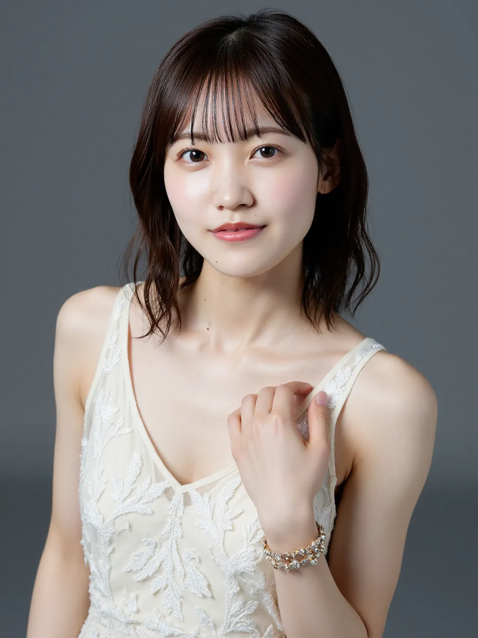 A close up of a woman in a white dress with a bracelet - SeaArt AI