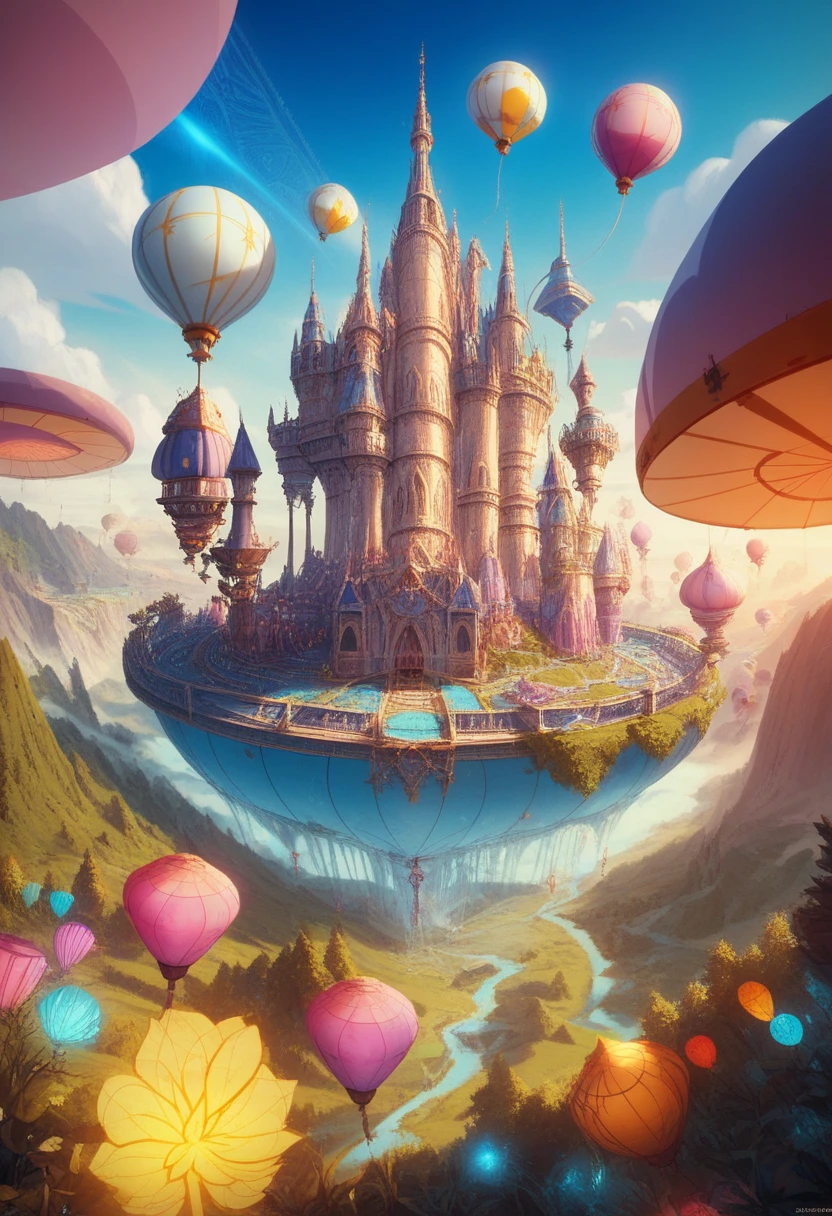 A vibrant and fantastical floating city built on majestic platforms ...