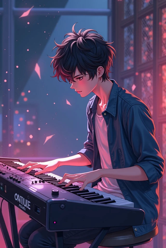 Person playing an electric keyboard piano, front view, anime art style ...