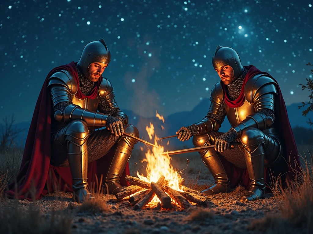 Two knights are sitting around the campfire against the starry sky ...