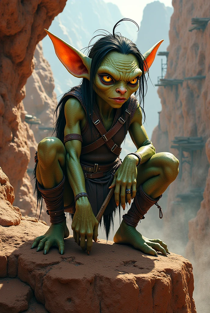 Create a female goblin with pale dark green skin.The goblin wears a ...
