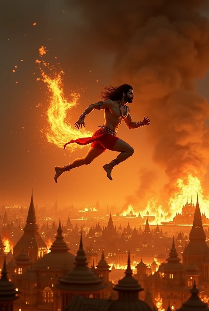 Hyper-realistic scene of Lord Hanuman with a fiery tail leaping across ...