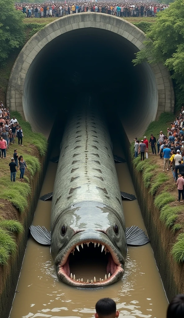 A massive, oversized catfish emerging from a large concrete tunnel into ...